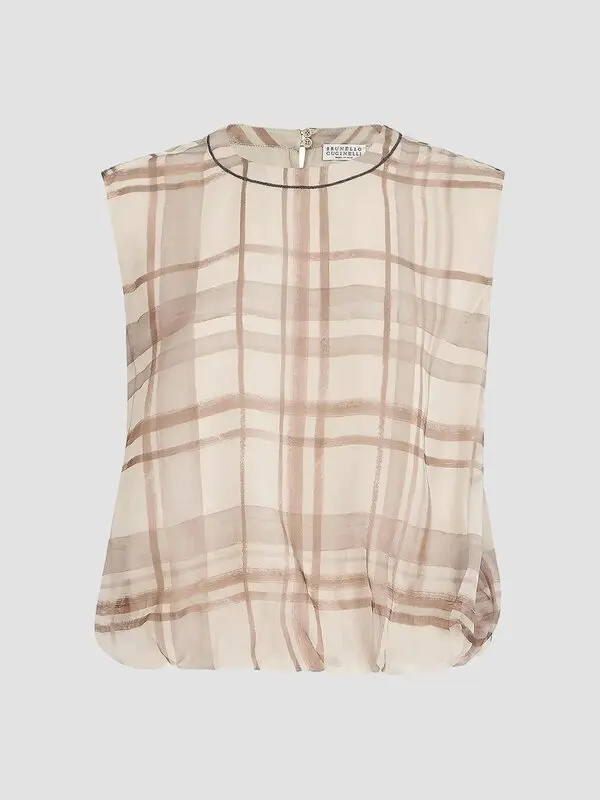 Brunello Cucinelli Silk Organza T-shirt In Macrocheck Print With Shiny Neck Detail - Beige
