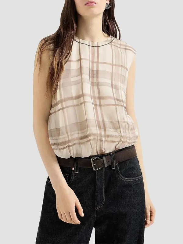 Brunello Cucinelli Silk Organza T-shirt In Macrocheck Print With Shiny Neck Detail - Beige
