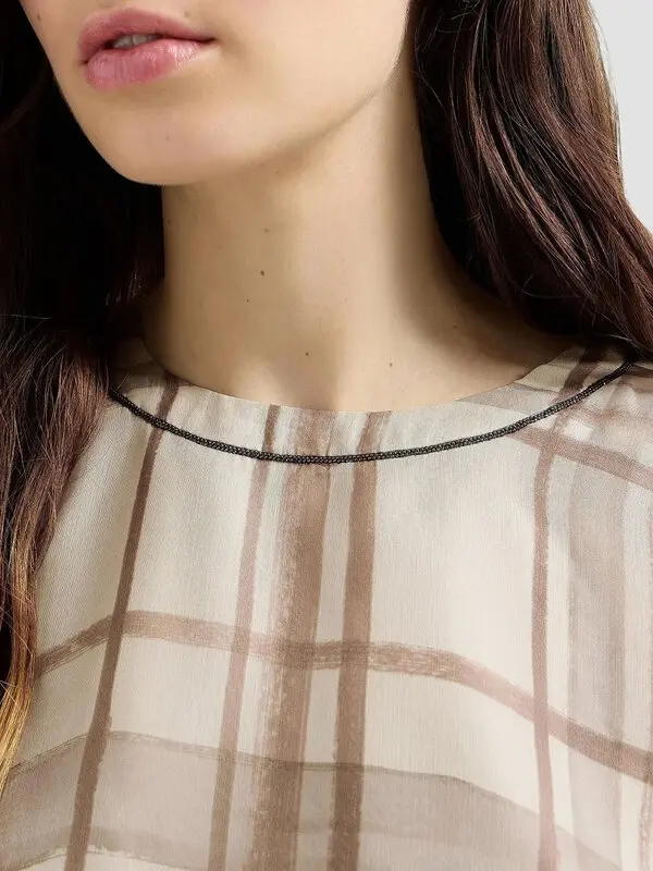 Brunello Cucinelli Silk Organza T-shirt In Macrocheck Print With Shiny Neck Detail - Beige