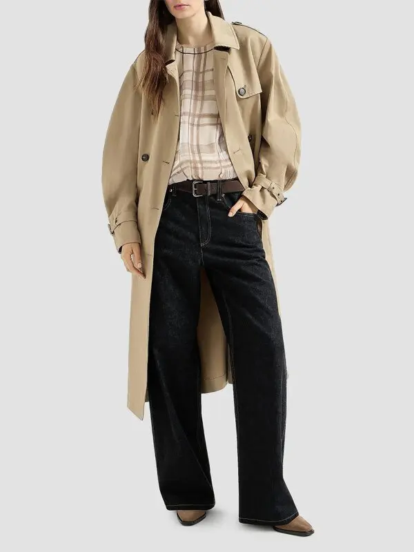 Brunello Cucinelli Silk Organza T-shirt In Macrocheck Print With Shiny Neck Detail - Beige