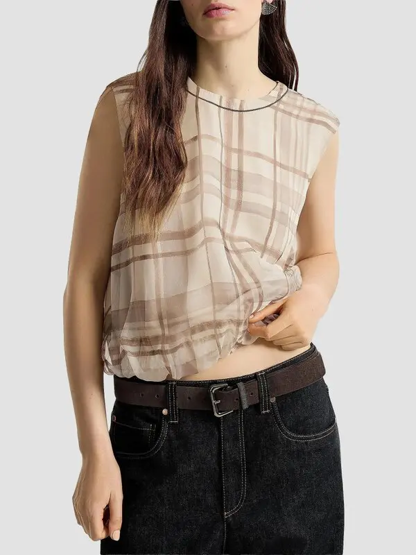 Brunello Cucinelli Silk Organza T-shirt In Macrocheck Print With Shiny Neck Detail - Beige