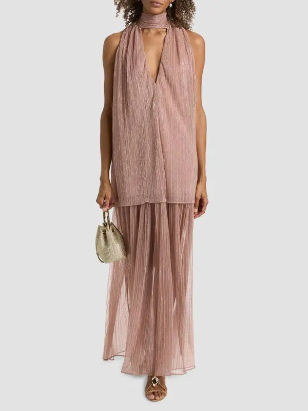 Black Halo Valoria Metallic Plissé Maxi Dress