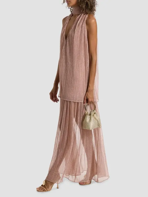 Black Halo Valoria Metallic Plissé Maxi Dress