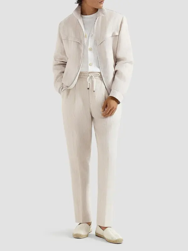 Brunello Cucinelli Linen Chalk Stripe Chevron Trousers