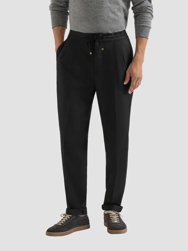 Brunello Cucinelli Virgin Wool Flannel Trousers With Drawstring And Double Pleats - Black