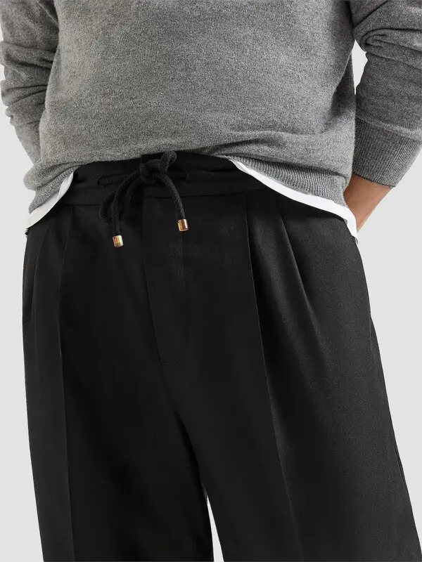 Brunello Cucinelli Virgin Wool Flannel Trousers With Drawstring And Double Pleats - Black
