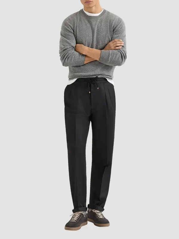 Brunello Cucinelli Virgin Wool Flannel Trousers With Drawstring And Double Pleats - Black