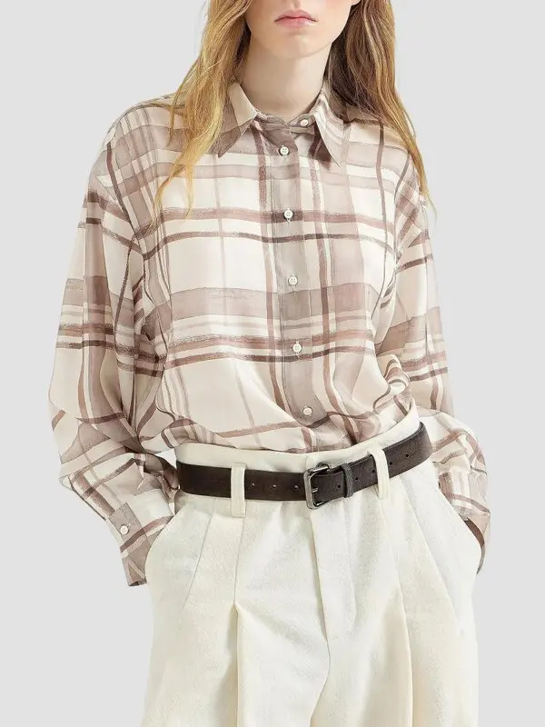 Brunello Cucinelli Silk Pongée Shirt In Macrocheck Print