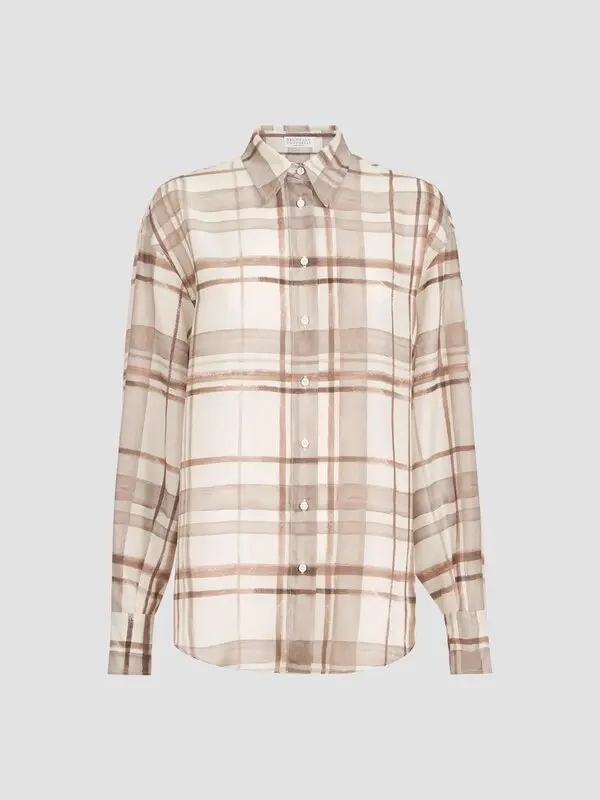 Brunello Cucinelli Silk Pongée Shirt In Macrocheck Print - Panama