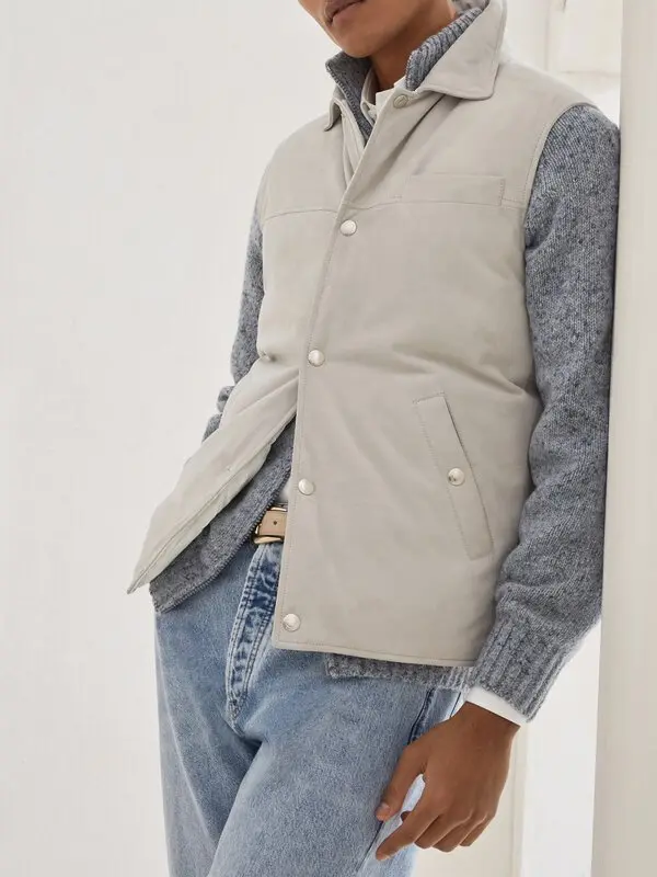 Brunello Cucinelli Suede Down Vest With Shirt Style Collar