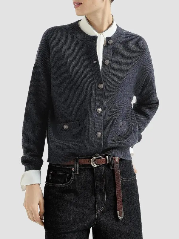 Brunello Cucinelli Sparkling Cashmere English Rib Cardigan