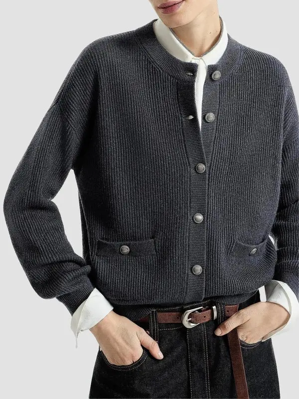 Brunello Cucinelli Sparkling Cashmere English Rib Cardigan