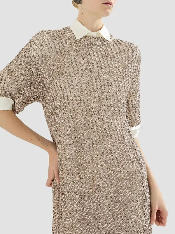 Brunello Cucinelli Dazzling Chiné Net Knit Dress In Silk And Linen - Rope