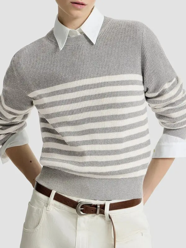 Brunello Cucinelli Sparkling Cotton Striped English Rib Sweater
