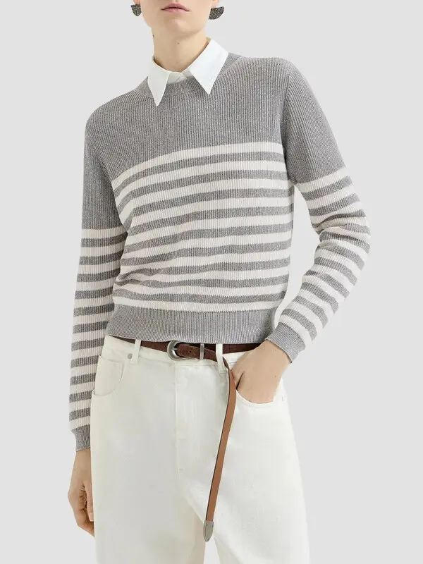 Brunello Cucinelli Sparkling Cotton Striped English Rib Sweater
