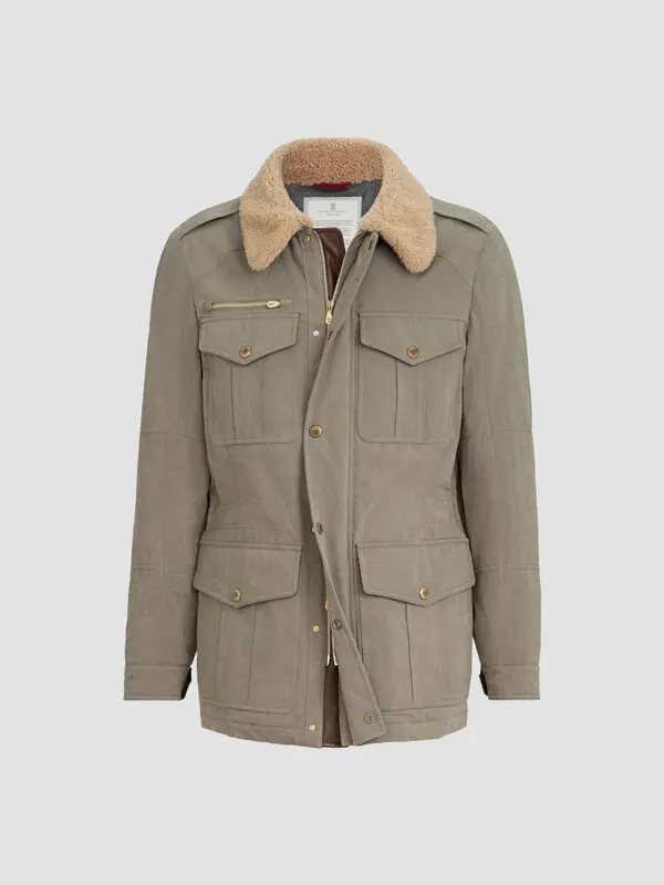 Brunello Cucinelli Waxed Techno Cotton Safari Jacket With Nappa Leather Inserts And Shearling Collar - Medium Grey