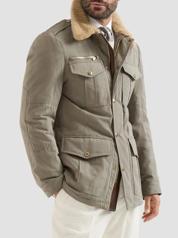 Brunello Cucinelli Waxed Techno Cotton Safari Jacket With Nappa Leather Inserts And Shearling Collar - Medium Grey