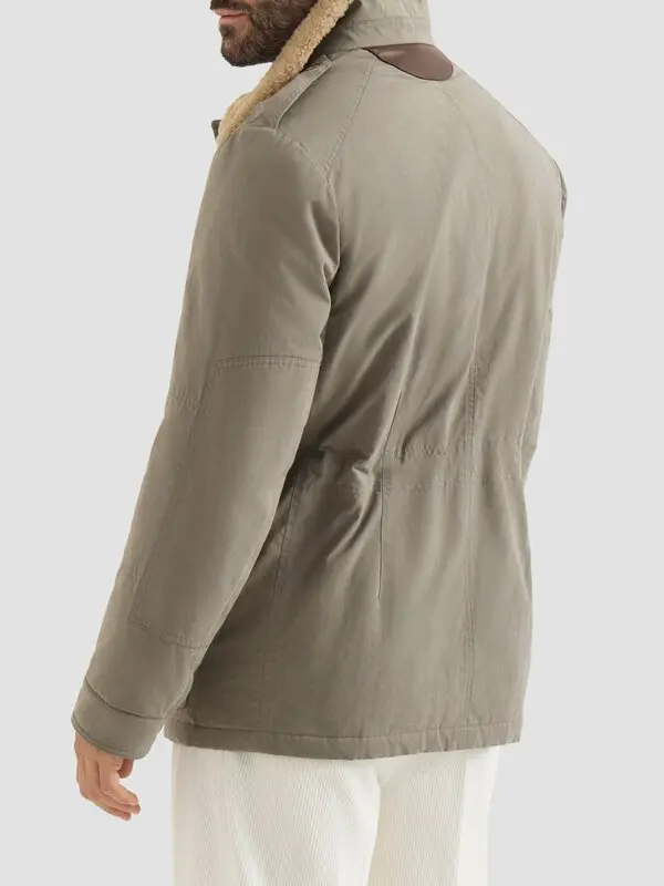 Brunello Cucinelli Waxed Techno Cotton Safari Jacket With Nappa Leather Inserts And Shearling Collar - Medium Grey