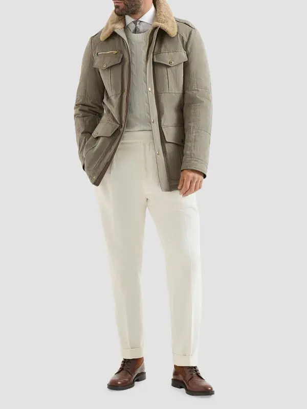Brunello Cucinelli Waxed Techno Cotton Safari Jacket With Nappa Leather Inserts And Shearling Collar - Medium Grey