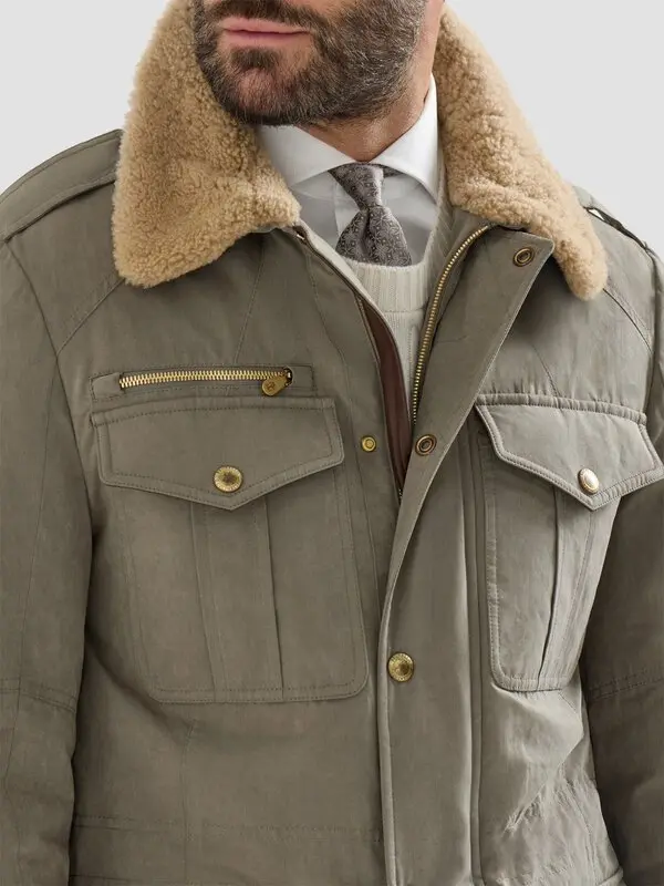 Brunello Cucinelli Waxed Techno Cotton Safari Jacket With Nappa Leather Inserts And Shearling Collar - Medium Grey
