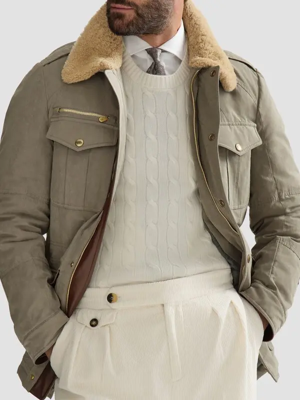 Brunello Cucinelli Waxed Techno Cotton Safari Jacket With Nappa Leather Inserts And Shearling Collar - Medium Grey