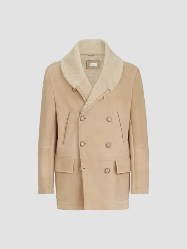 Brunello Cucinelli Suede Curly Shearling Peacoat With Shawl Collar - Sand