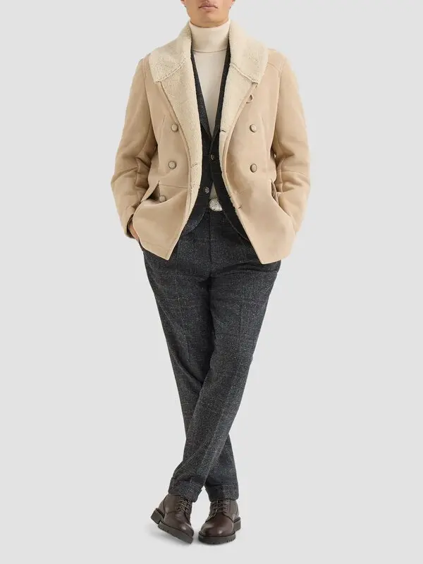 Brunello Cucinelli Suede Curly Shearling Peacoat With Shawl Collar