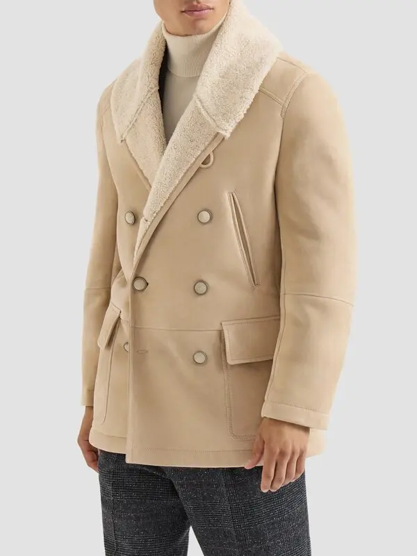 Brunello Cucinelli Suede Curly Shearling Peacoat With Shawl Collar