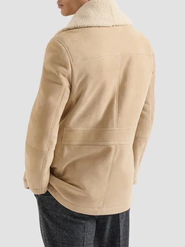 Brunello Cucinelli Suede Curly Shearling Peacoat With Shawl Collar