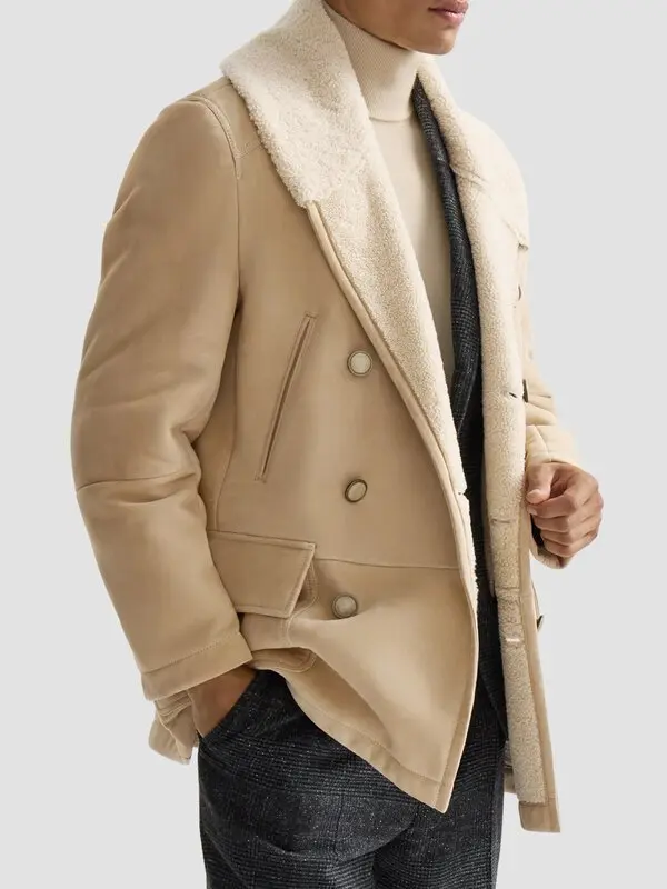 Brunello Cucinelli Suede Curly Shearling Peacoat With Shawl Collar
