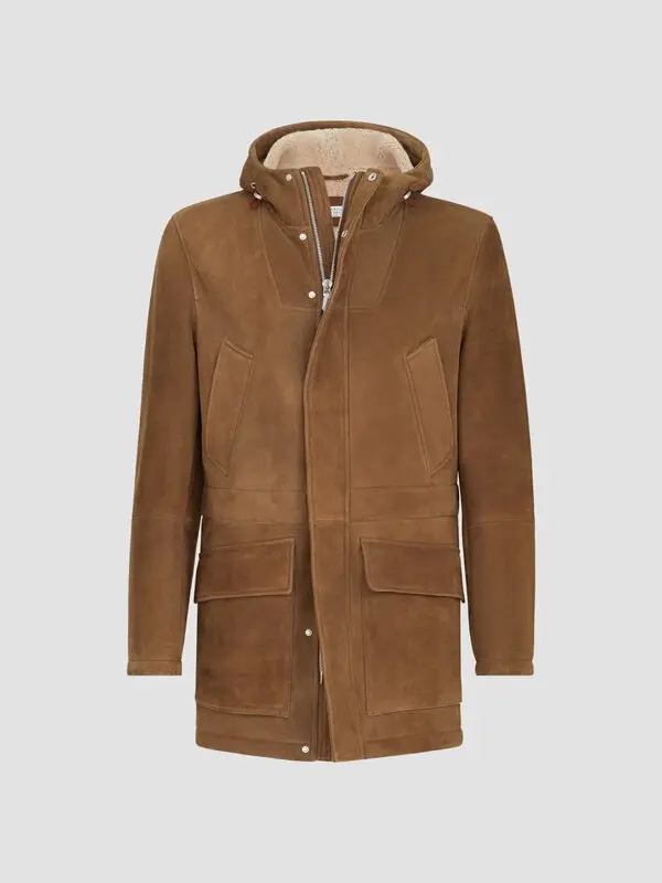 Brunello Cucinelli Suede Curly Shearling Parka Jacket