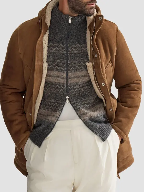 Brunello Cucinelli Suede Curly Shearling Parka Jacket
