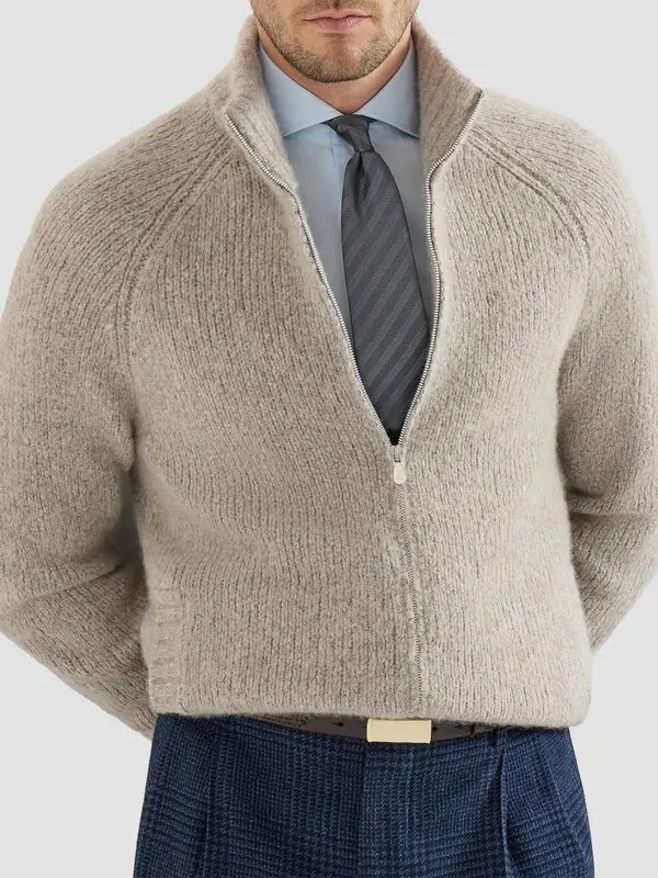 Brunello Cucinelli Cashmere And Silk High-neck Cardigan - Beige