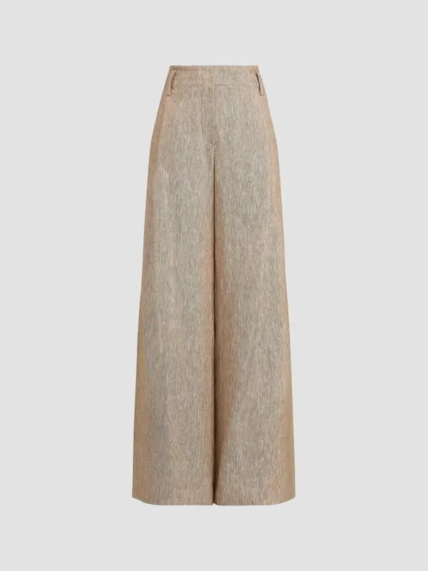 Brunello Cucinelli Linen Denim Pleated A-line Trousers With Monili - Beige