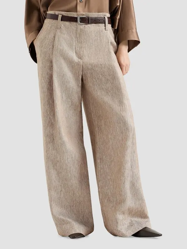 Brunello Cucinelli Linen Denim Pleated A-line Trousers With Monili