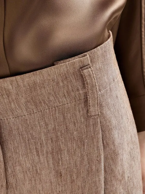 Brunello Cucinelli Linen Denim Pleated A-line Trousers With Monili