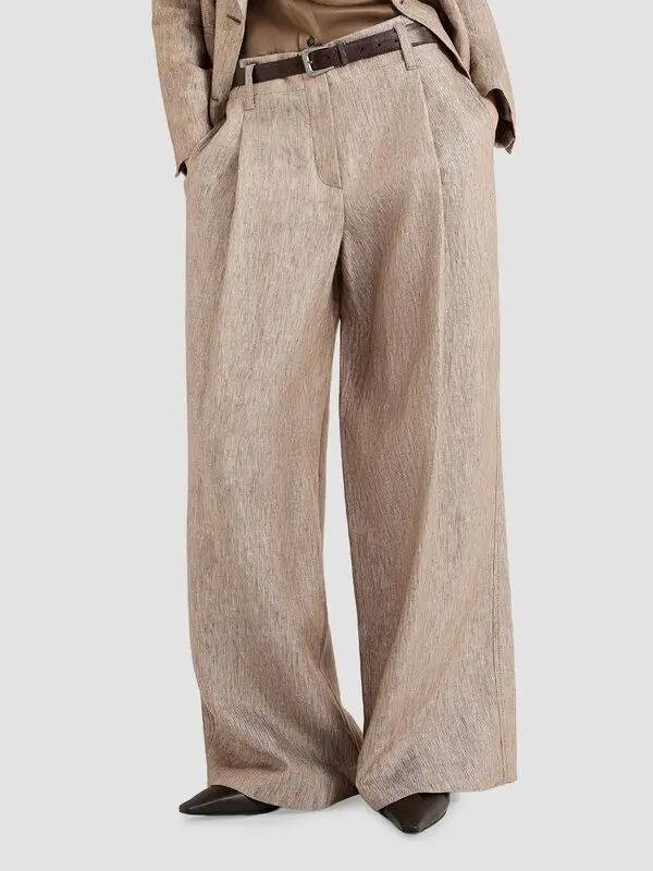 Brunello Cucinelli Linen Denim Pleated A-line Trousers With Monili