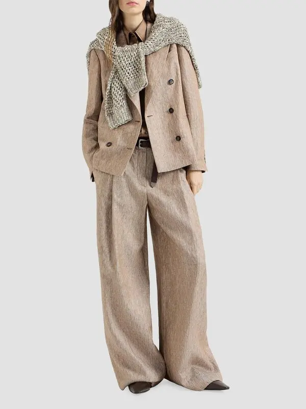 Brunello Cucinelli Linen Denim Pleated A-line Trousers With Monili