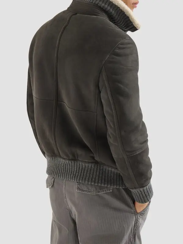 Brunello Cucinelli Suede Curly Shearling Bomber Jacket - Grey
