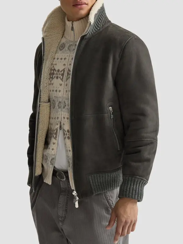 Brunello Cucinelli Suede Curly Shearling Bomber Jacket - Grey
