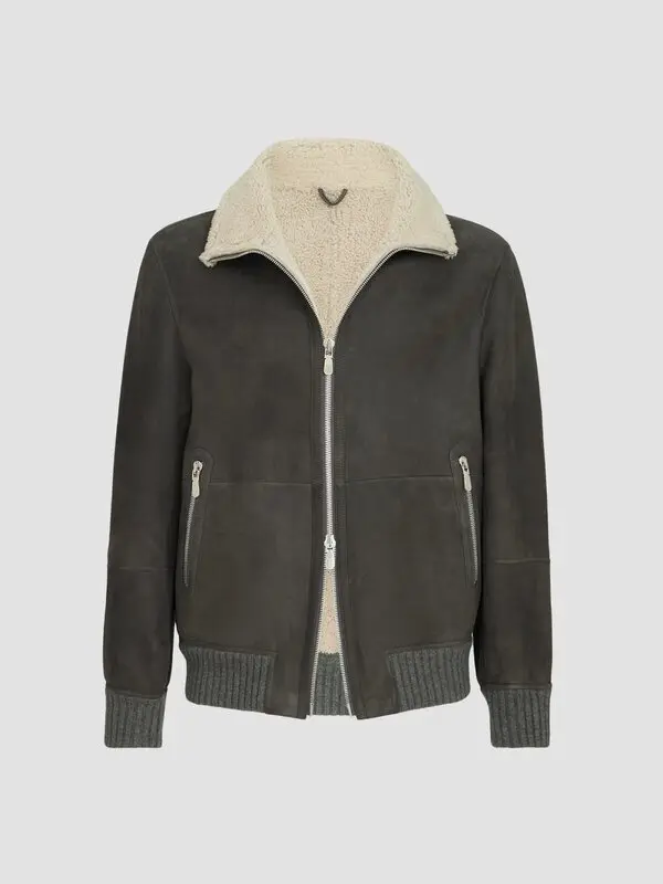 Brunello Cucinelli Suede Curly Shearling Bomber Jacket - Grey