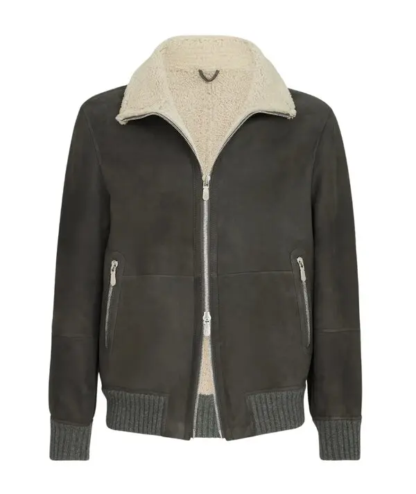 Brunello Cucinelli Suede Curly Shearling Bomber Jacket - Grey