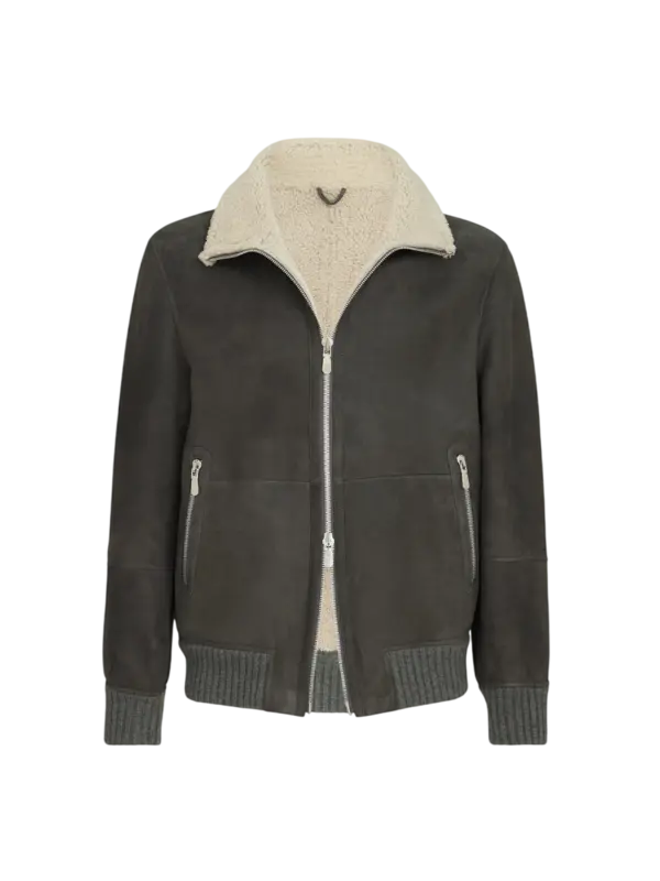 Brunello Cucinelli Suede Curly Shearling Bomber Jacket - Grey