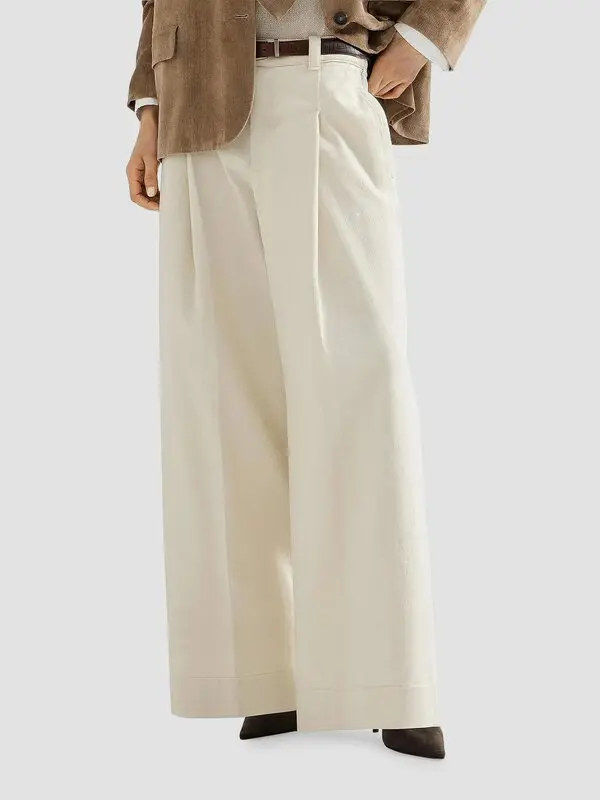 Brunello Cucinelli Stretch Dyed Denim Pleated A Line Trousers With Monili