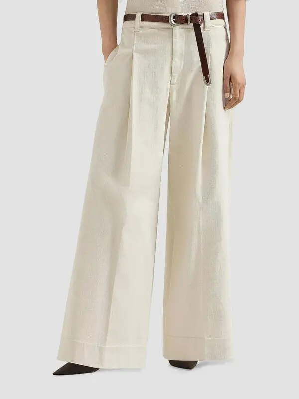 Brunello Cucinelli Stretch Dyed Denim Pleated A Line Trousers With Monili