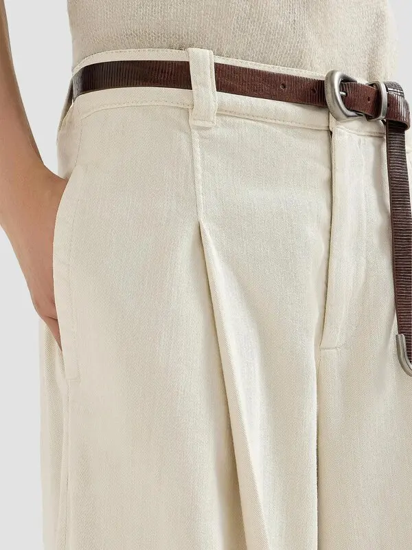 Brunello Cucinelli Stretch Dyed Denim Pleated A Line Trousers With Monili