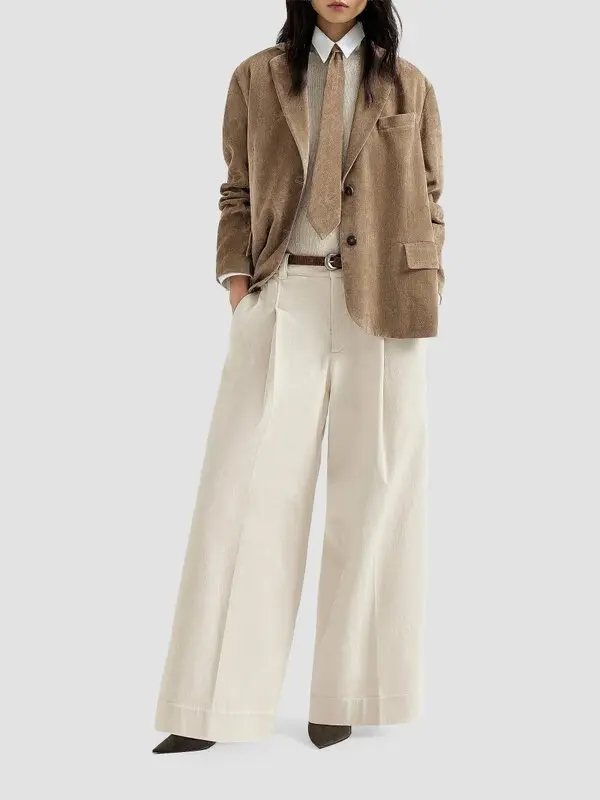 Brunello Cucinelli Stretch Dyed Denim Pleated A Line Trousers With Monili