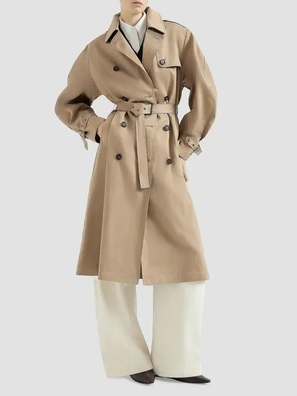 Brunello Cucinelli Cotton And Linen Twill Trench Coat With Monili