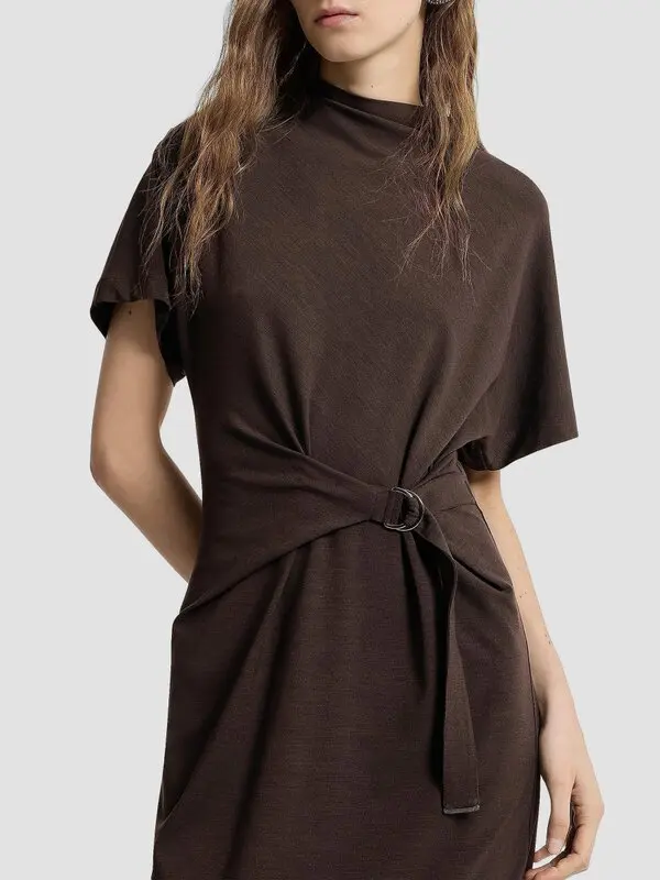 Brunello Cucinelli Techno Wool Jersey Wrap Belt Dress With Monili - Coffee