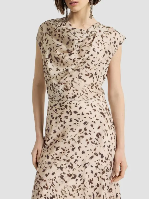 Brunello Cucinelli Lynx Print Silk Pongee Draped Dress With Monili